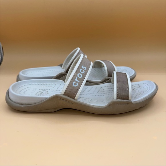 CROCS | Shoes | Crocs Patra Tan And Cream Slide Two Strap Sandals ...